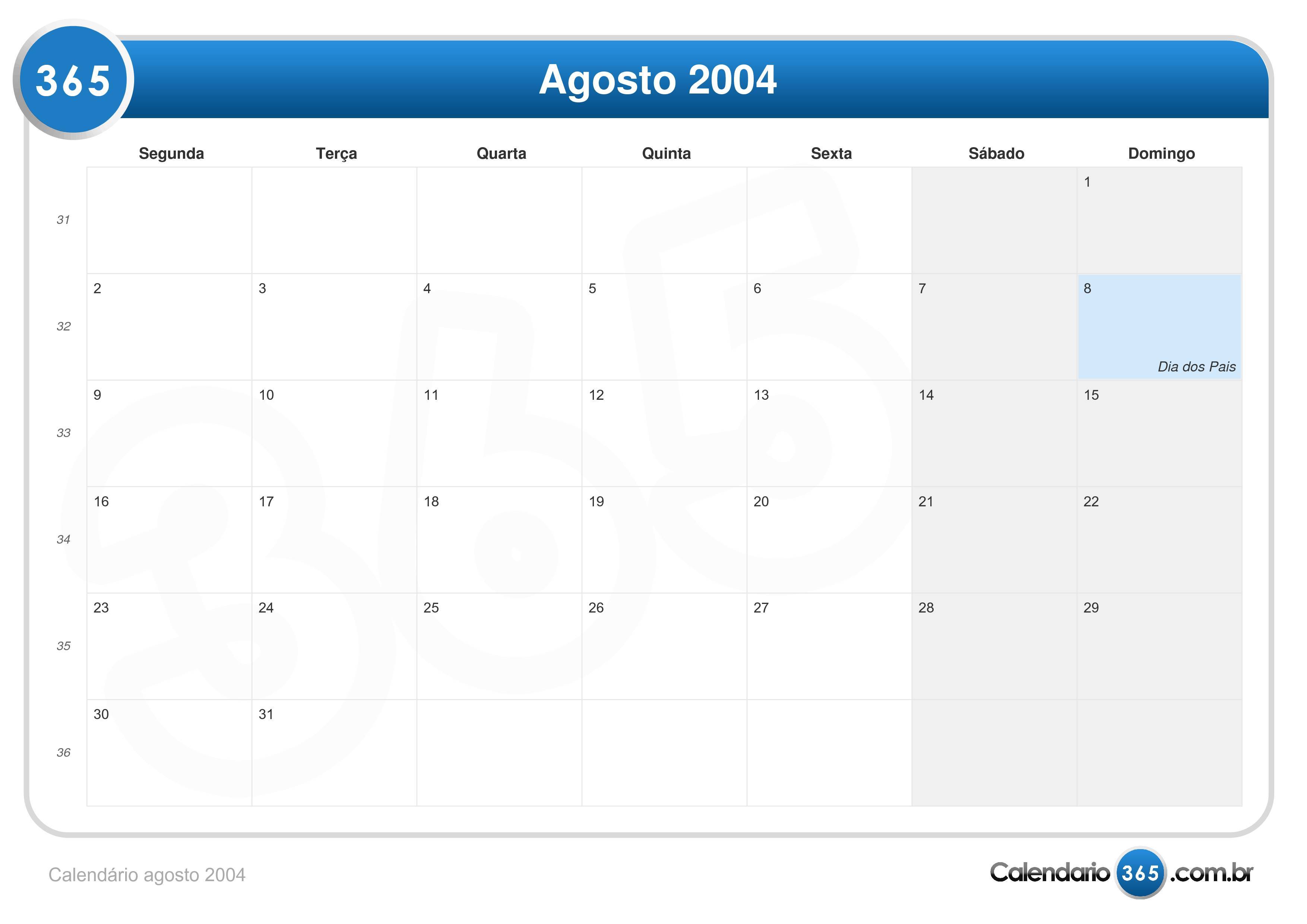 Calendário agosto 2004