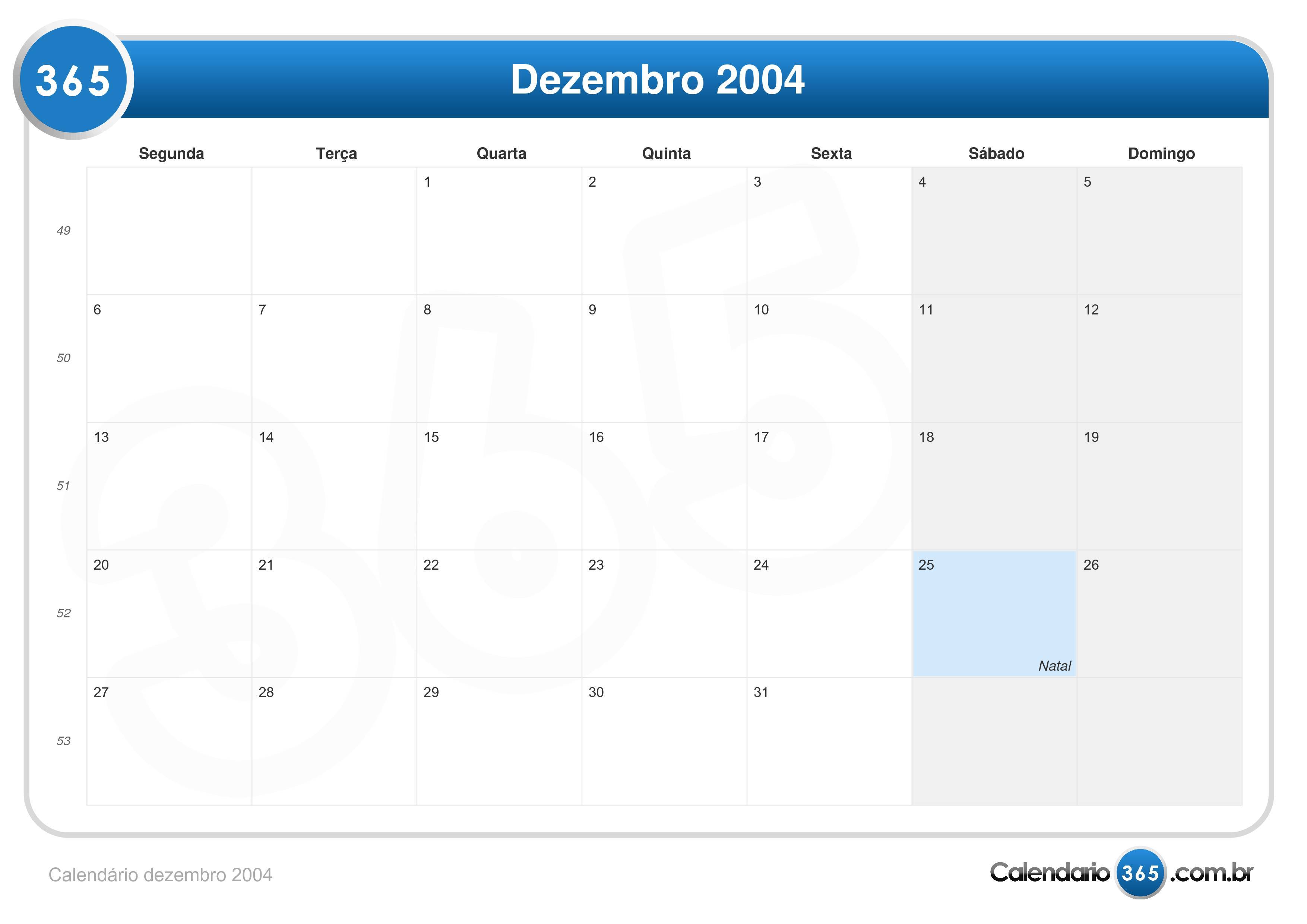 Calendário dezembro 2004
