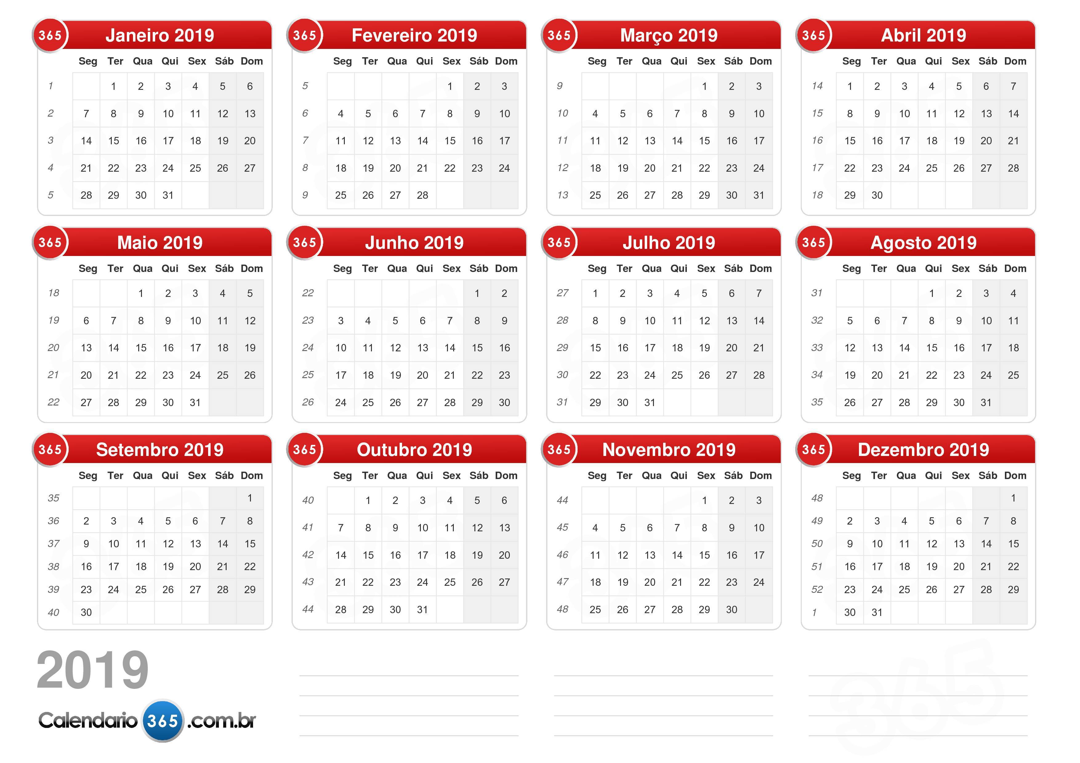 Calendário 2019