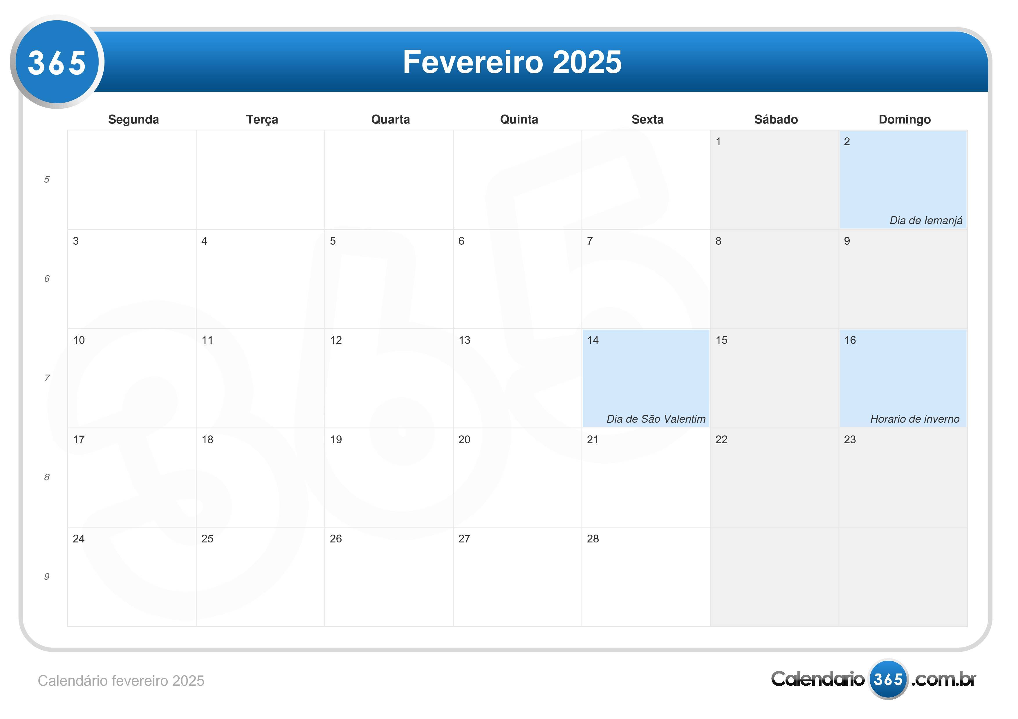 Calendário fevereiro 2025