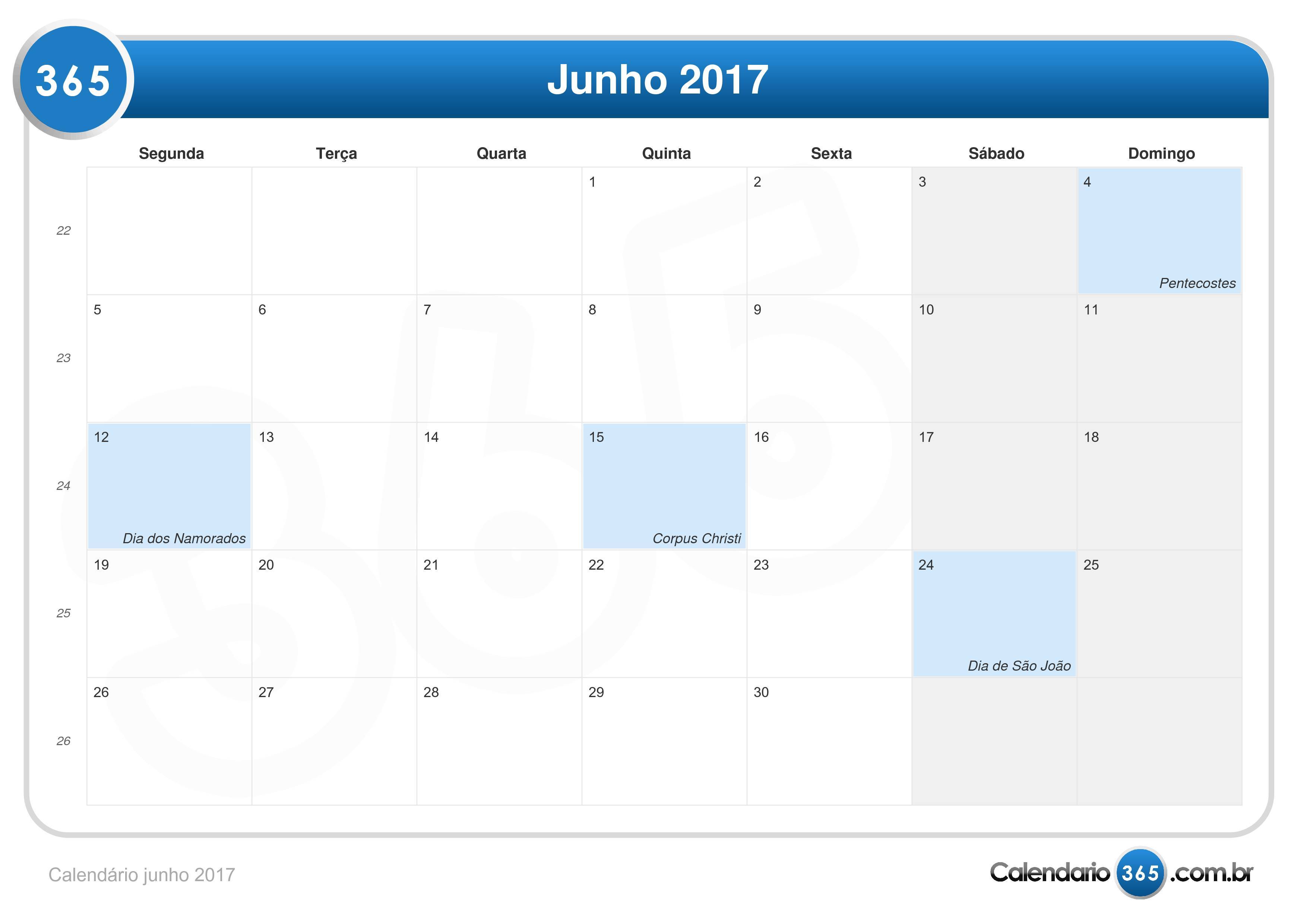 Calendário junho 2017